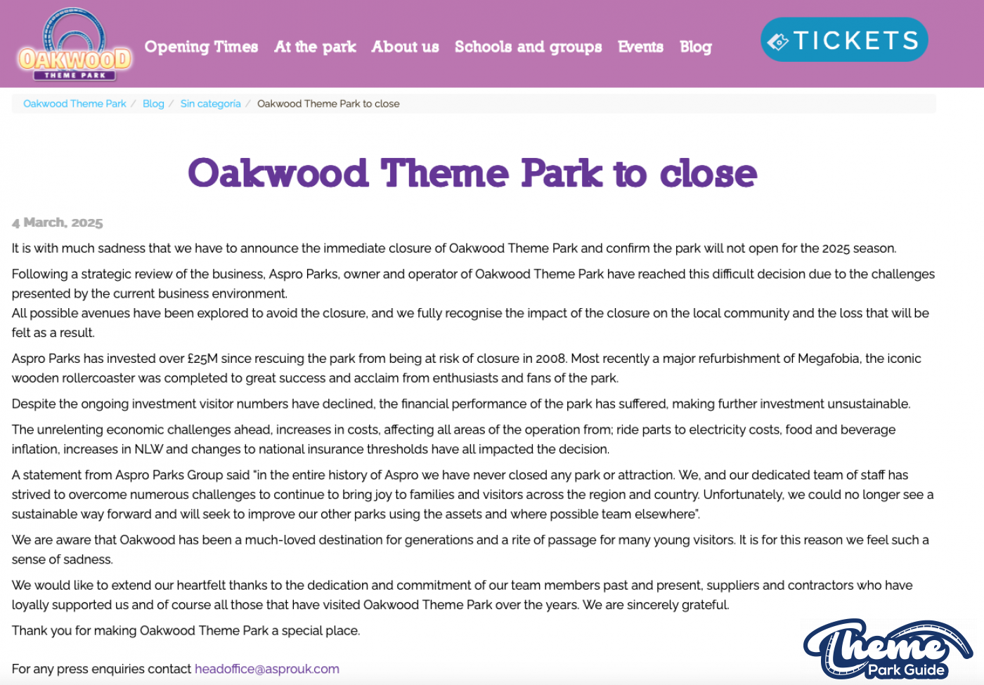 Oakwood Theme Park to Close for 2025 Season | Theme Park Guide